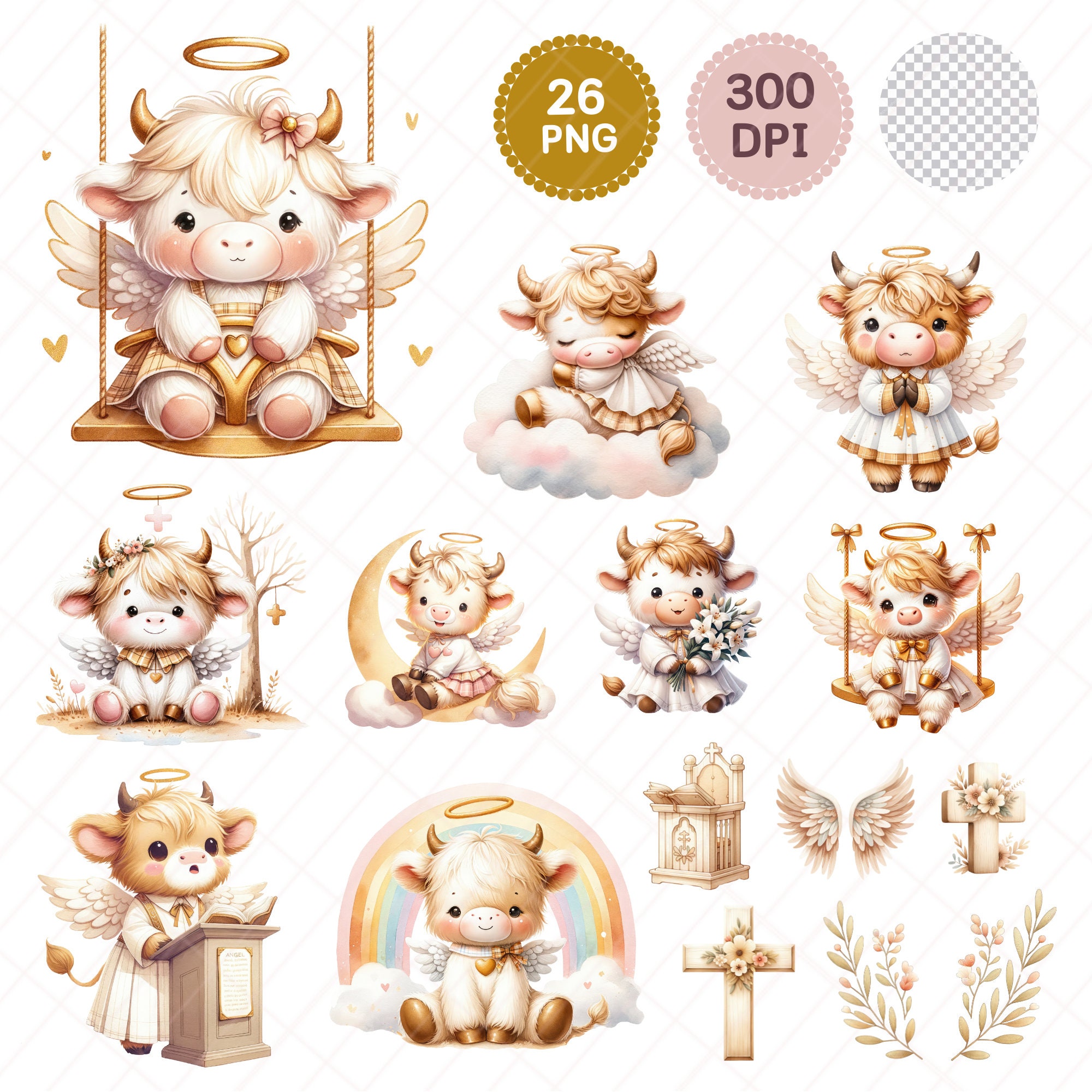 Cute Highland Angel Cow Clipart, Adorable Heifer in Heaven, Digital for ...