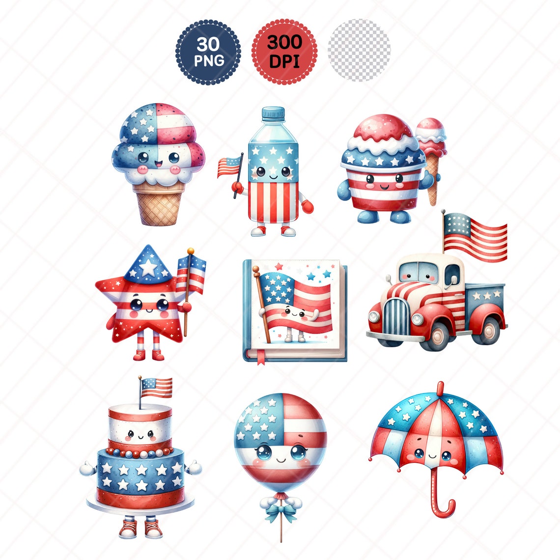 Patriotic Kawaii Clipart Bundle Cute 4th of July Digital Stickers ...