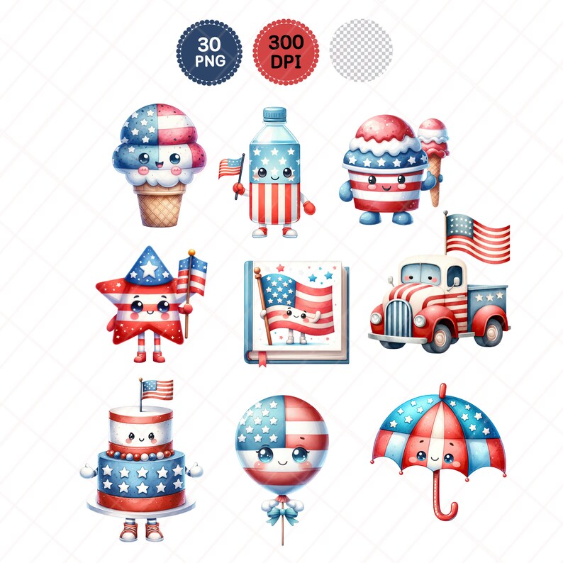 Patriotic Kawaii Clipart Bundle - Cute 4th of July Digital Stickers ...