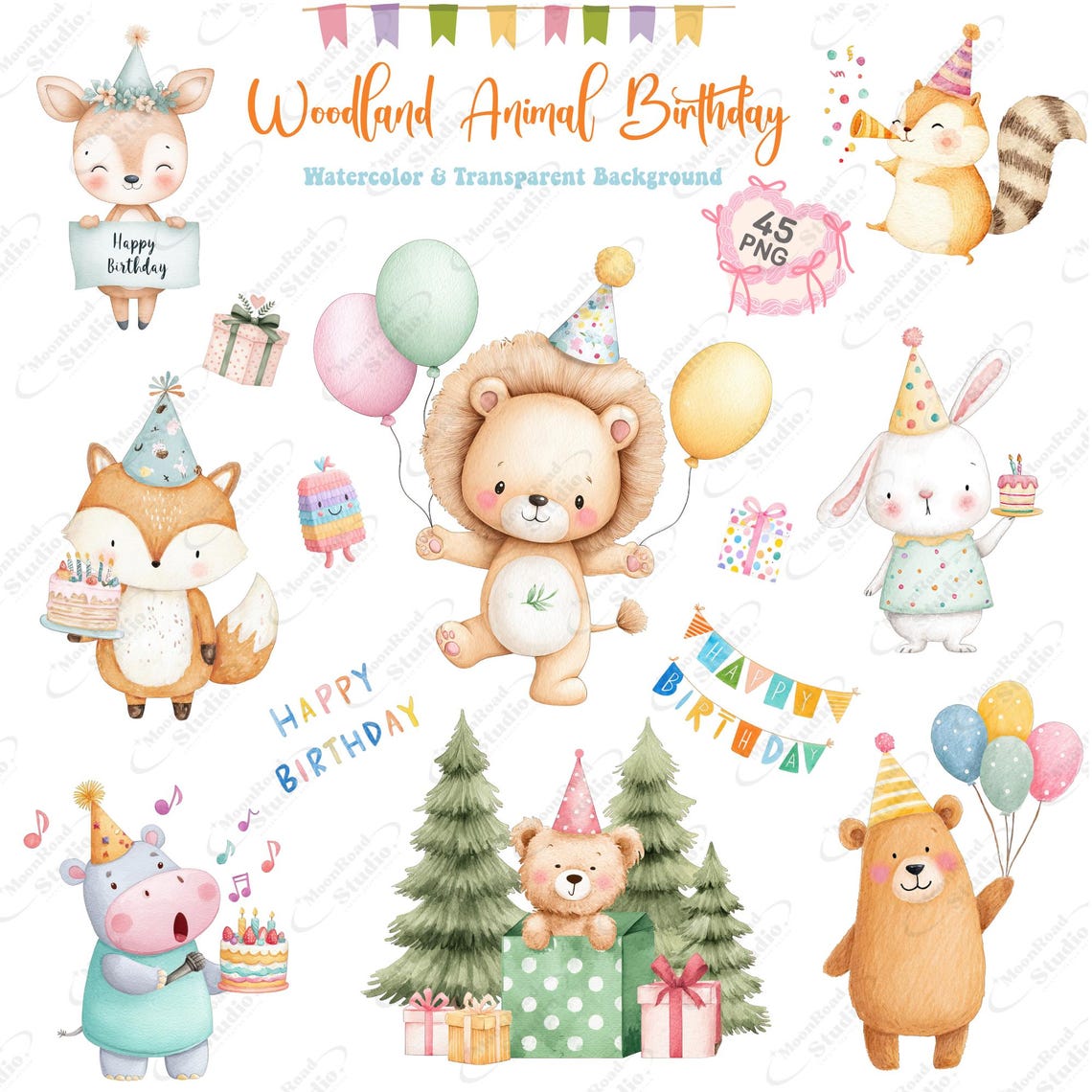 Woodland Animal Birthday Clipart Bundle: Watercolor Forest Friends ...