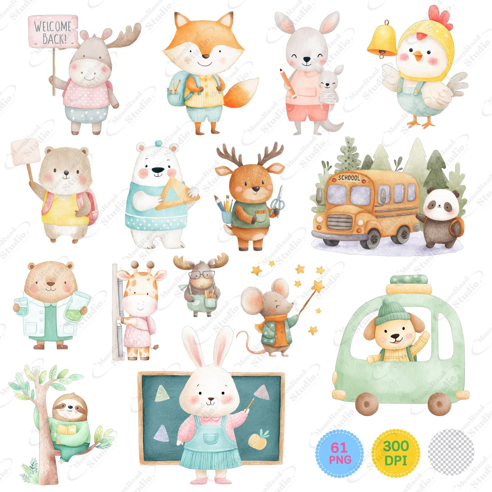 Watercolor Animal Back to School PNG Bundle - Clipart Set for Teachers ...
