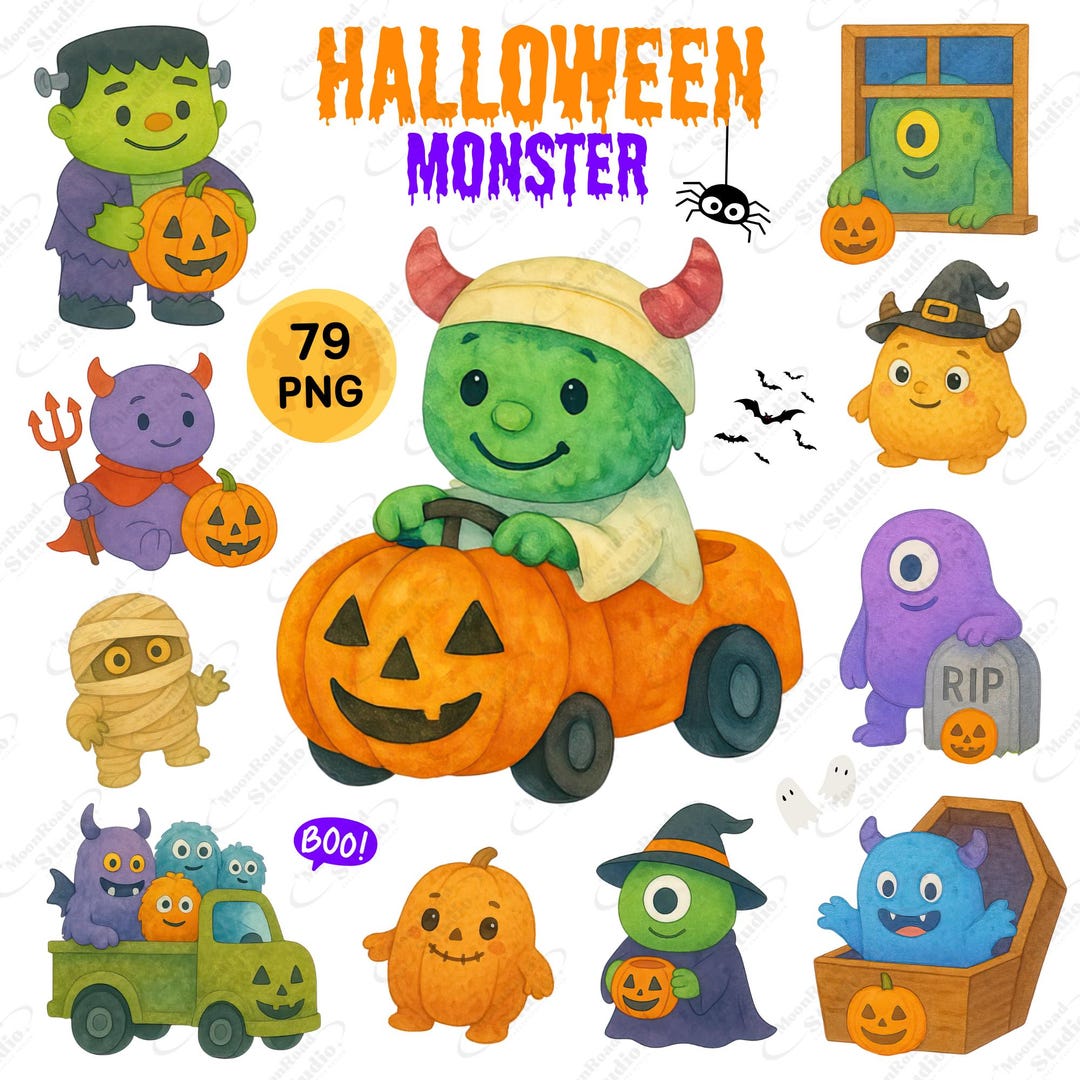 Cute Halloween Monster Clipart Bundle, Kawaii Trick-or-treat Characters ...