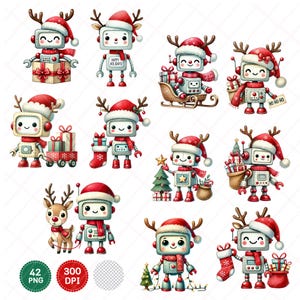 Funny Christmas Robot Clipart Set With Santa Hats, Reindeer Antlers ...