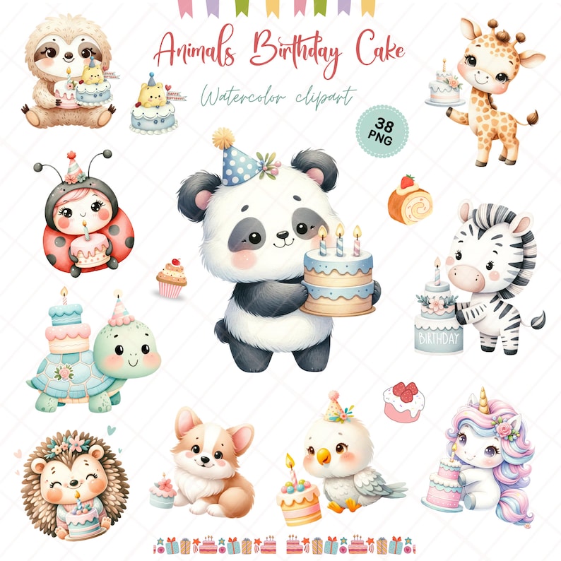 Adorable Animal Birthday Party Clipart, Cute Illustrated Panda, Giraffe ...