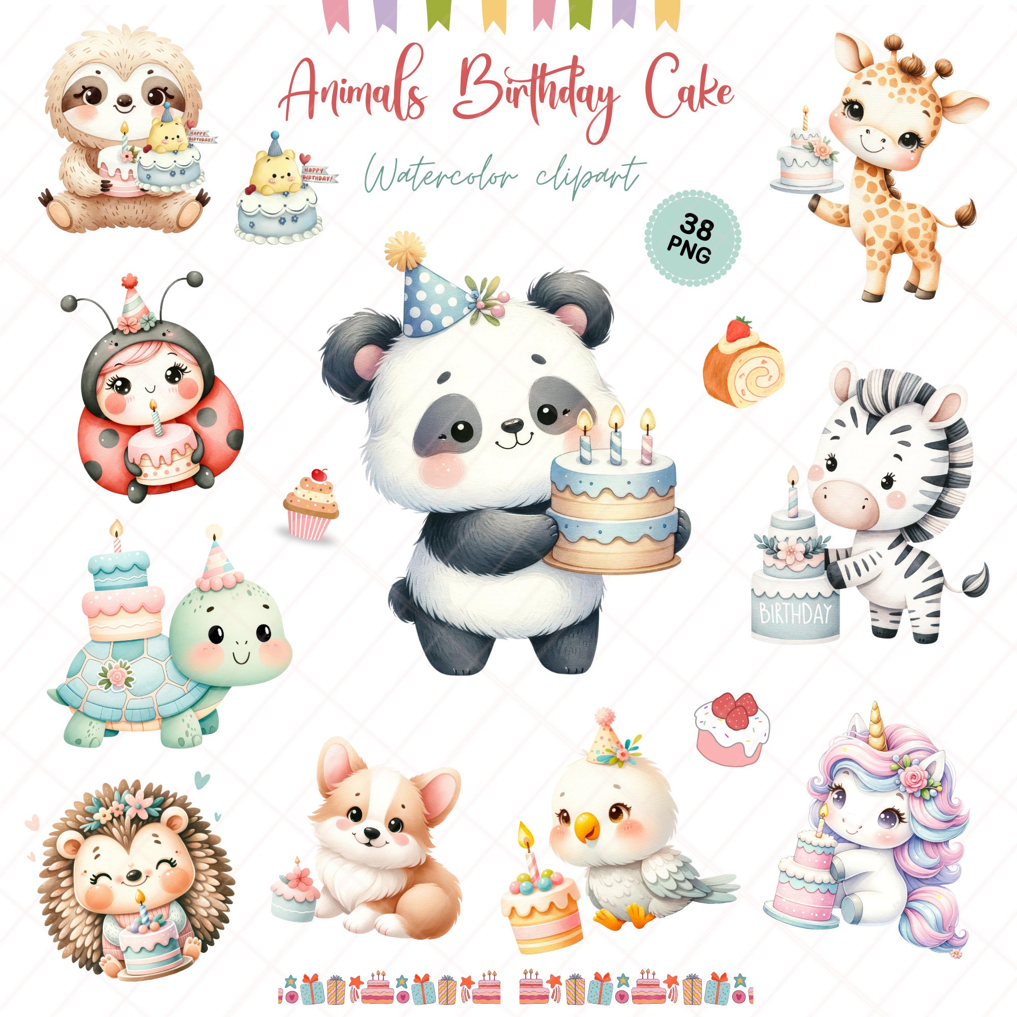 Adorable Animal Birthday Party Clipart, Cute Illustrated Panda, Giraffe ...