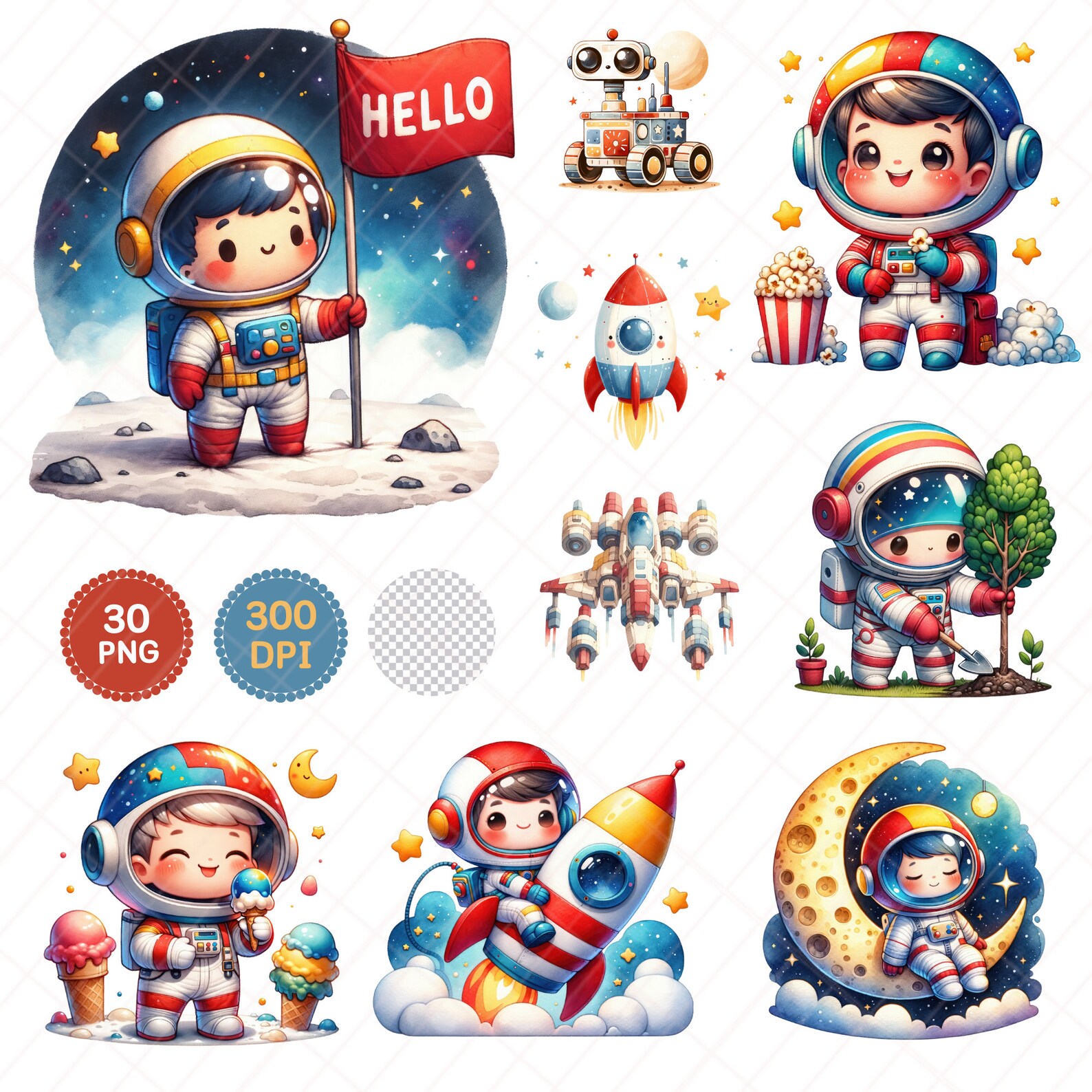 Adorable Astronaut and Robot Watercolor Clipart Set, Space Explorer ...