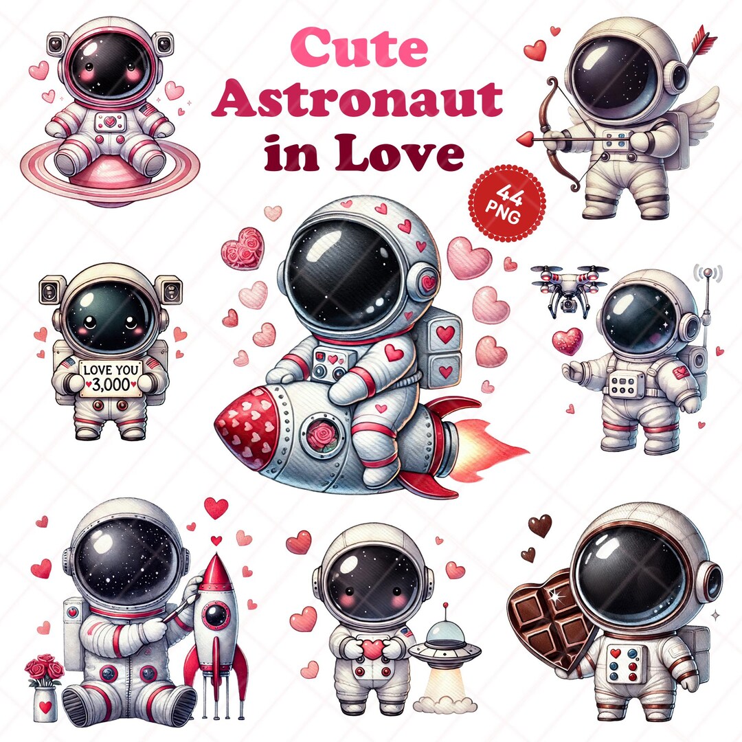 Cute Valentine's Day Astronaut Clipart Set, Space Love Digital Stickers ...