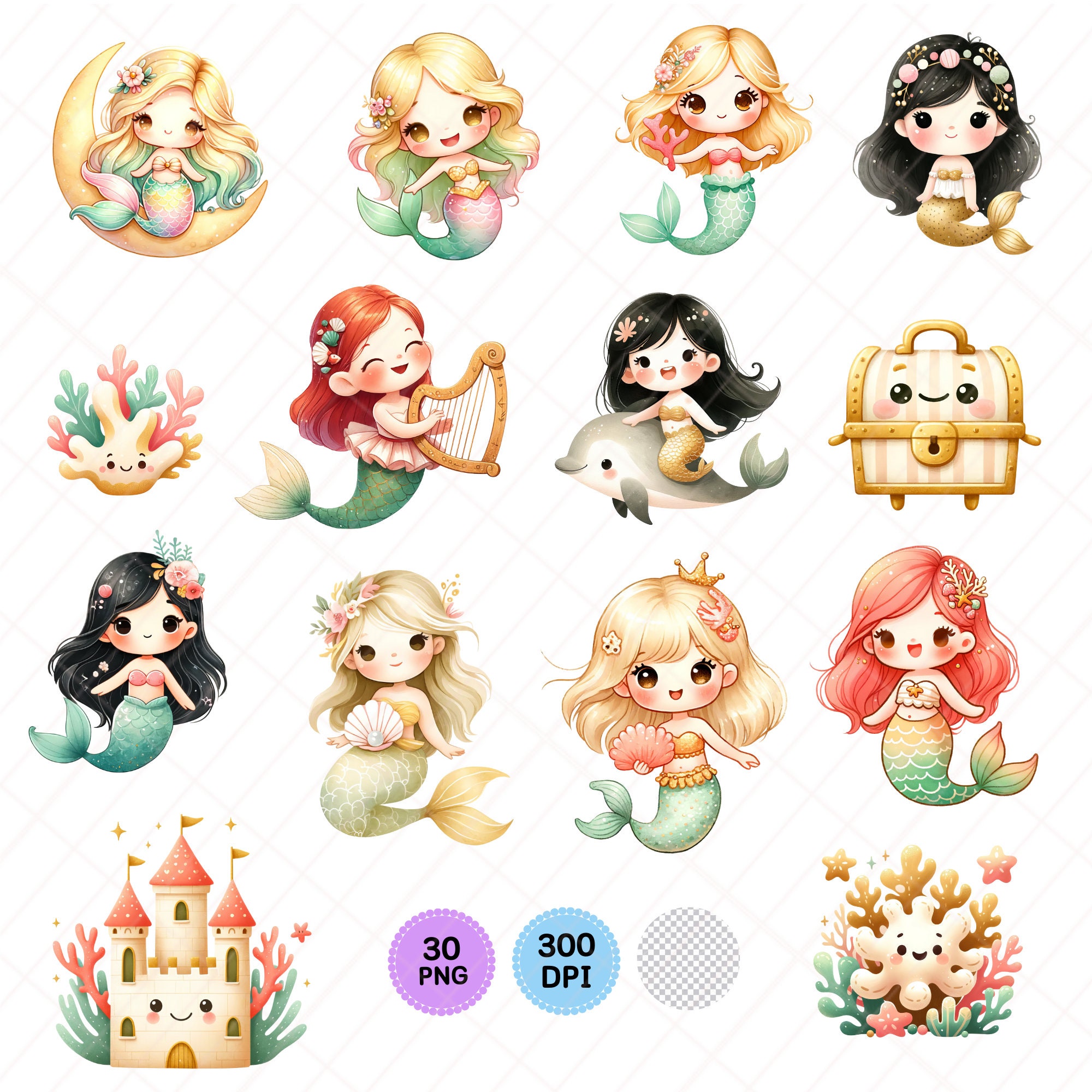 Adorable Mermaid Clipart Set, Whimsical Underwater Fantasy, Cute ...