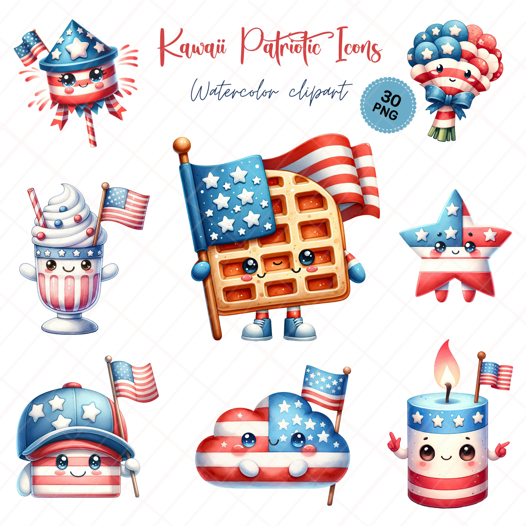 Patriotic Kawaii Clipart Bundle Cute 4th of July Digital Stickers ...