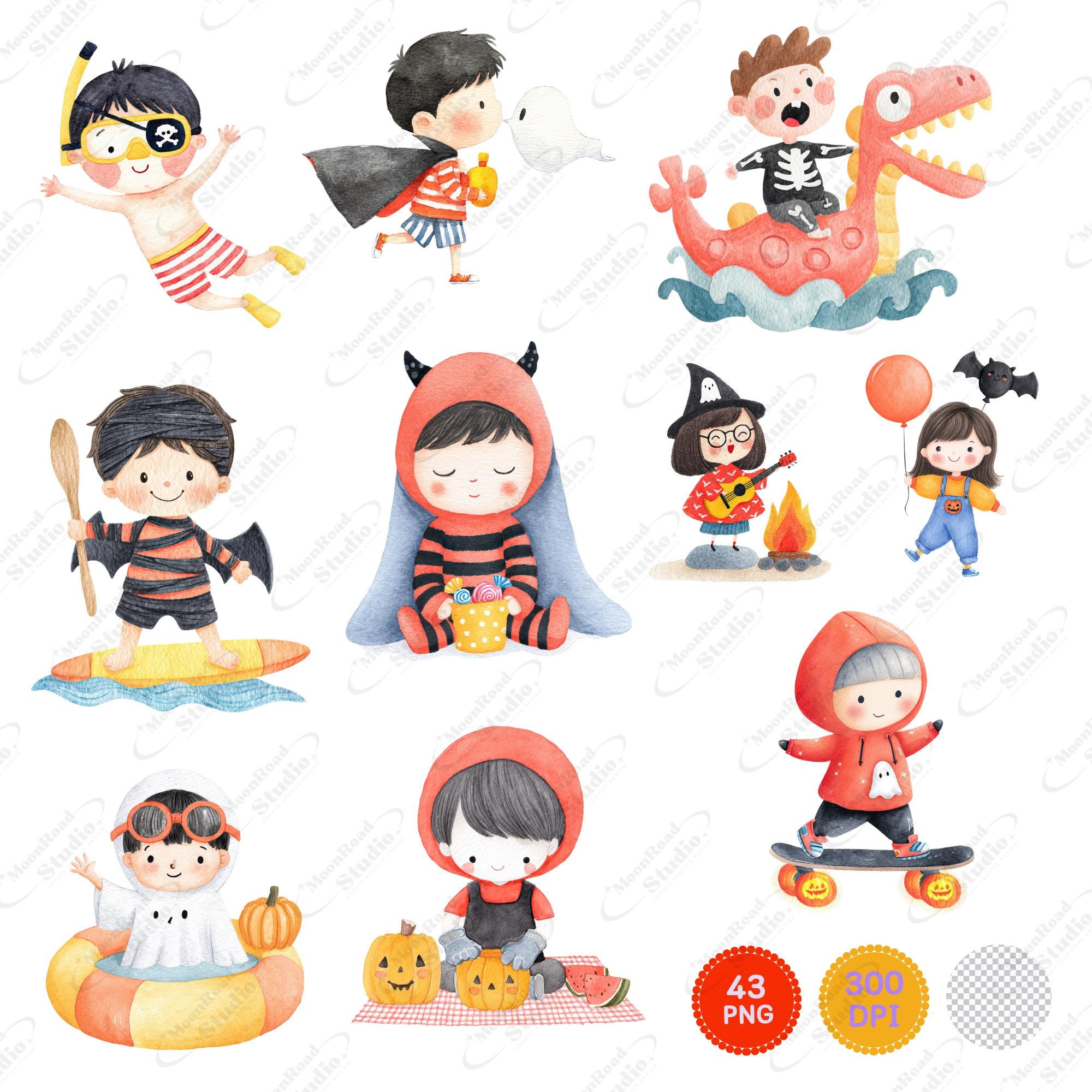 Summerween Kids Clipart: Beach Halloween Costumes, PNG Set (300dpi ...