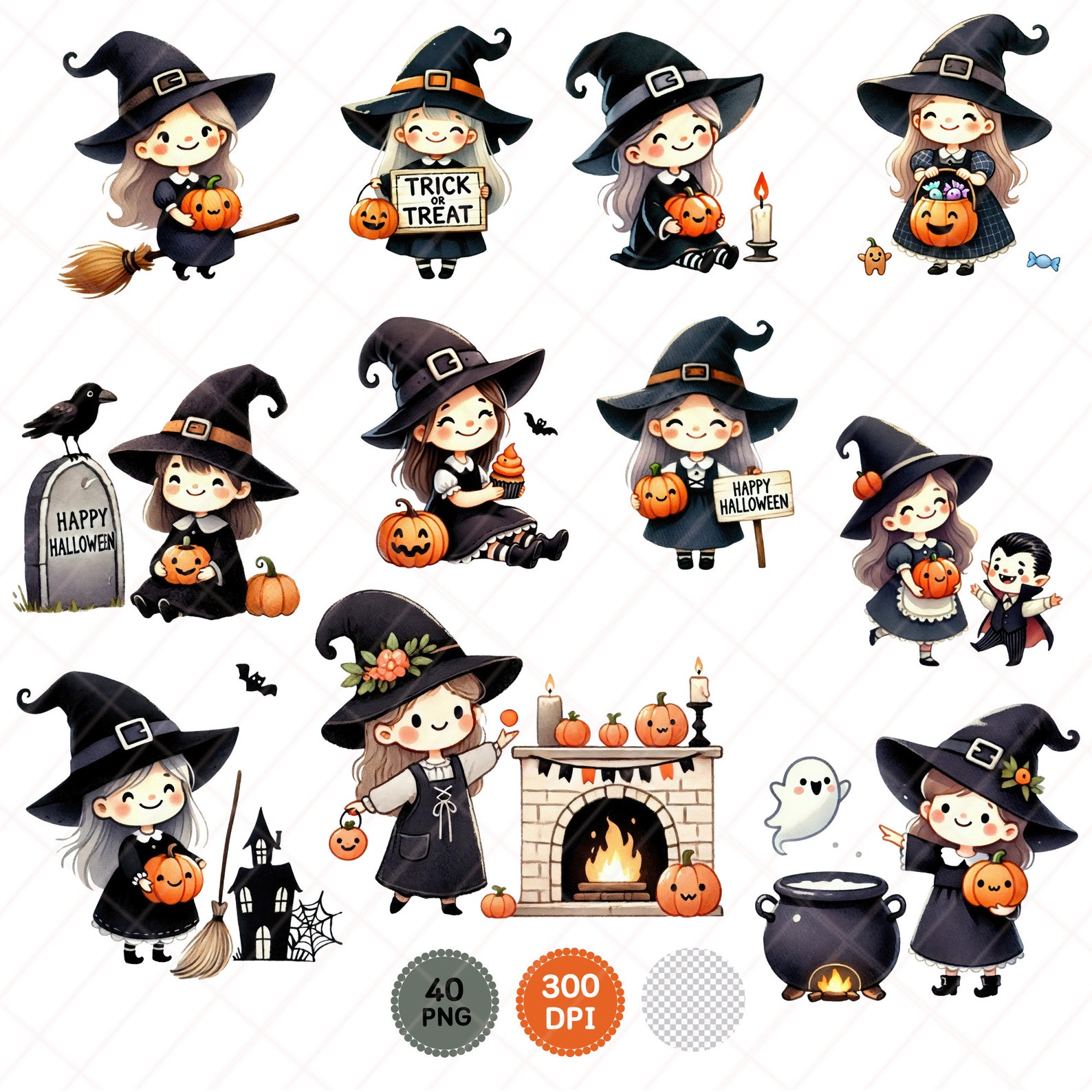 Cute Halloween Witch Clipart, Adorable Halloween Digital Stickers for ...