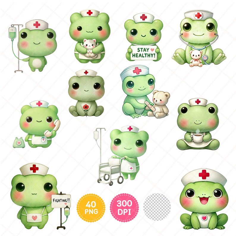 Kawaii Frog Nurses Graphics Set - Hospital & Medical PNG for Planner ...
