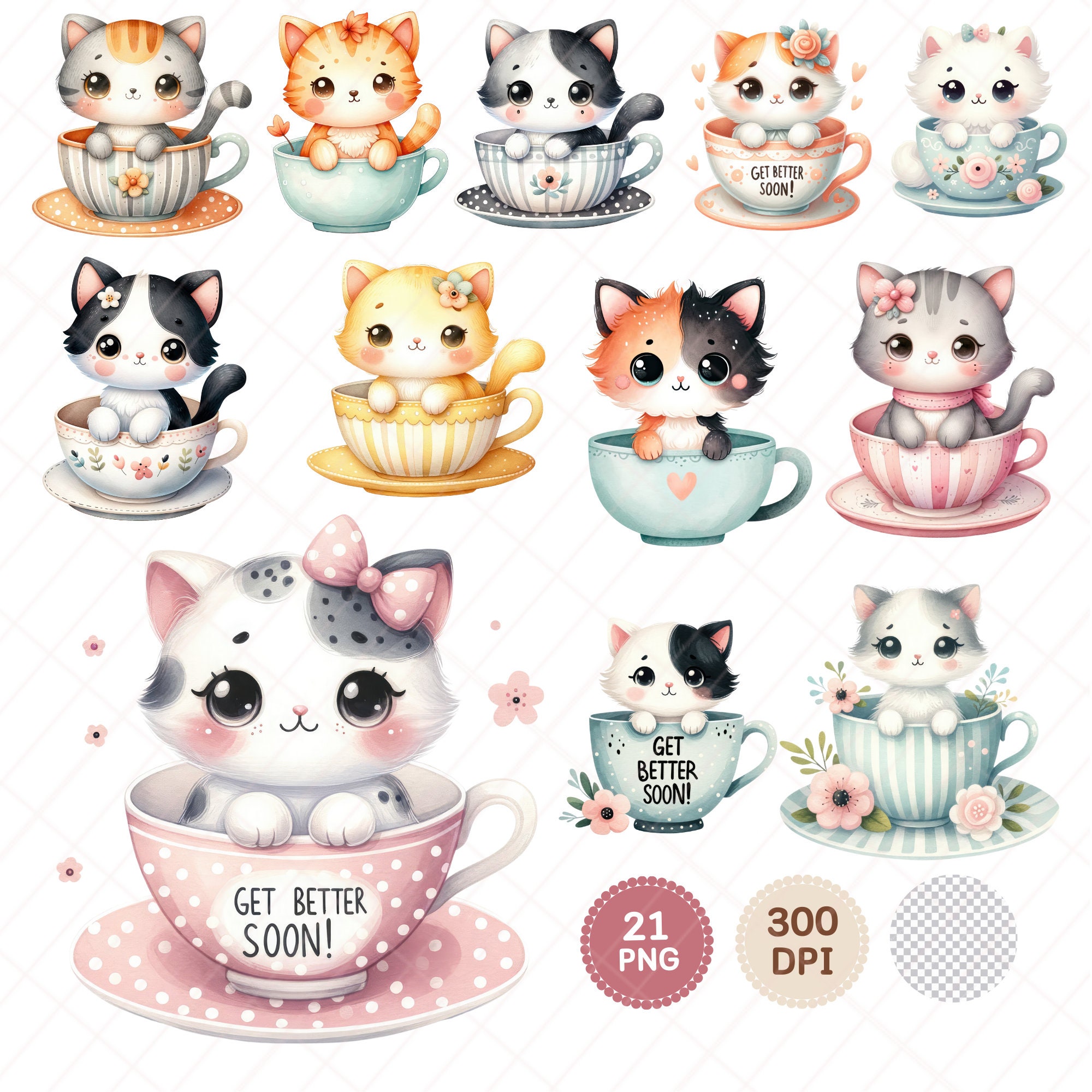 Kitten in Teacup Set Clipart PNG, Adorable Cat Illustration, Cute ...