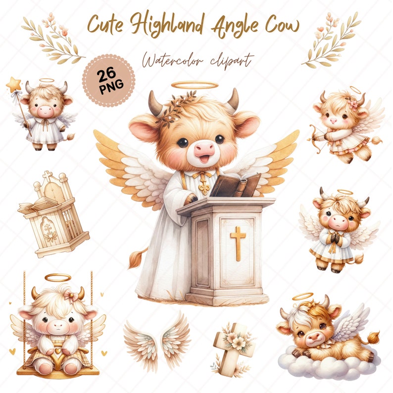 Cute Highland Angel Cow Clipart, Adorable Heifer in Heaven, Digital for ...