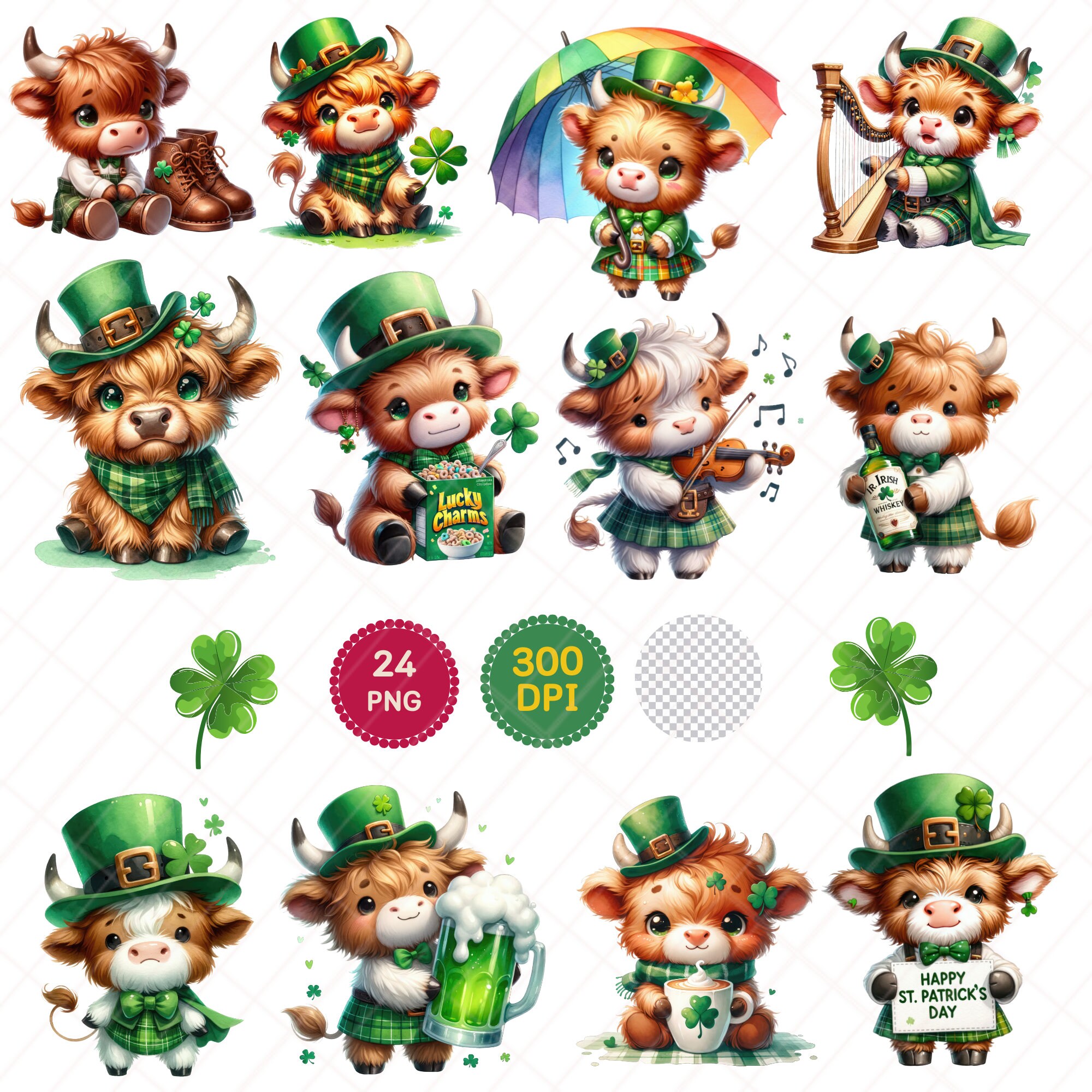 St. Patrick's Day Highland Cow Clipart Set, Charming Scottish Cows ...