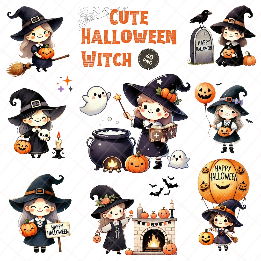 Cute Halloween Witch Clipart, Adorable Halloween Digital Stickers for ...