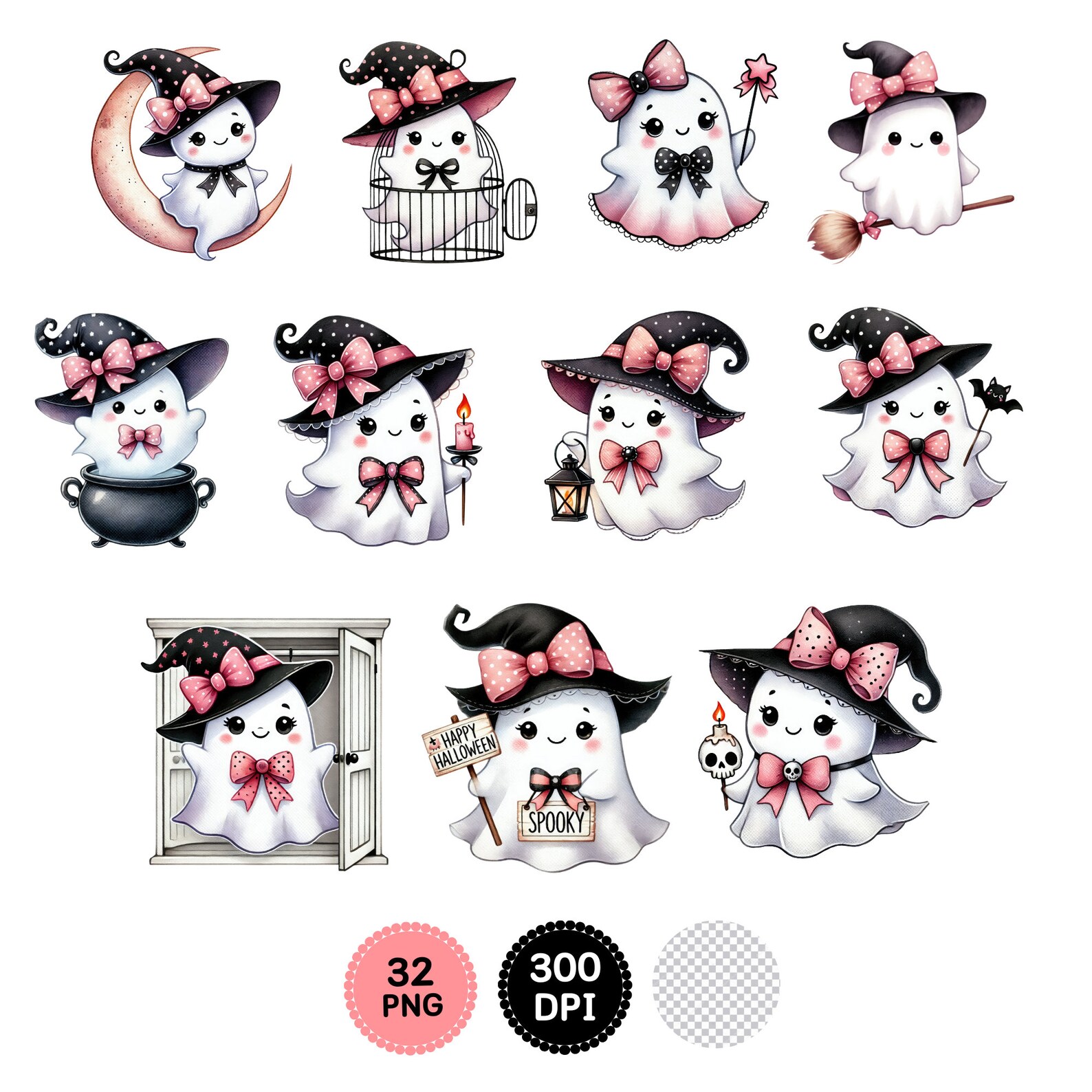 Cute Halloween Ghost Stickers, Witch Hat Ghost Decals, Spooky Decor ...