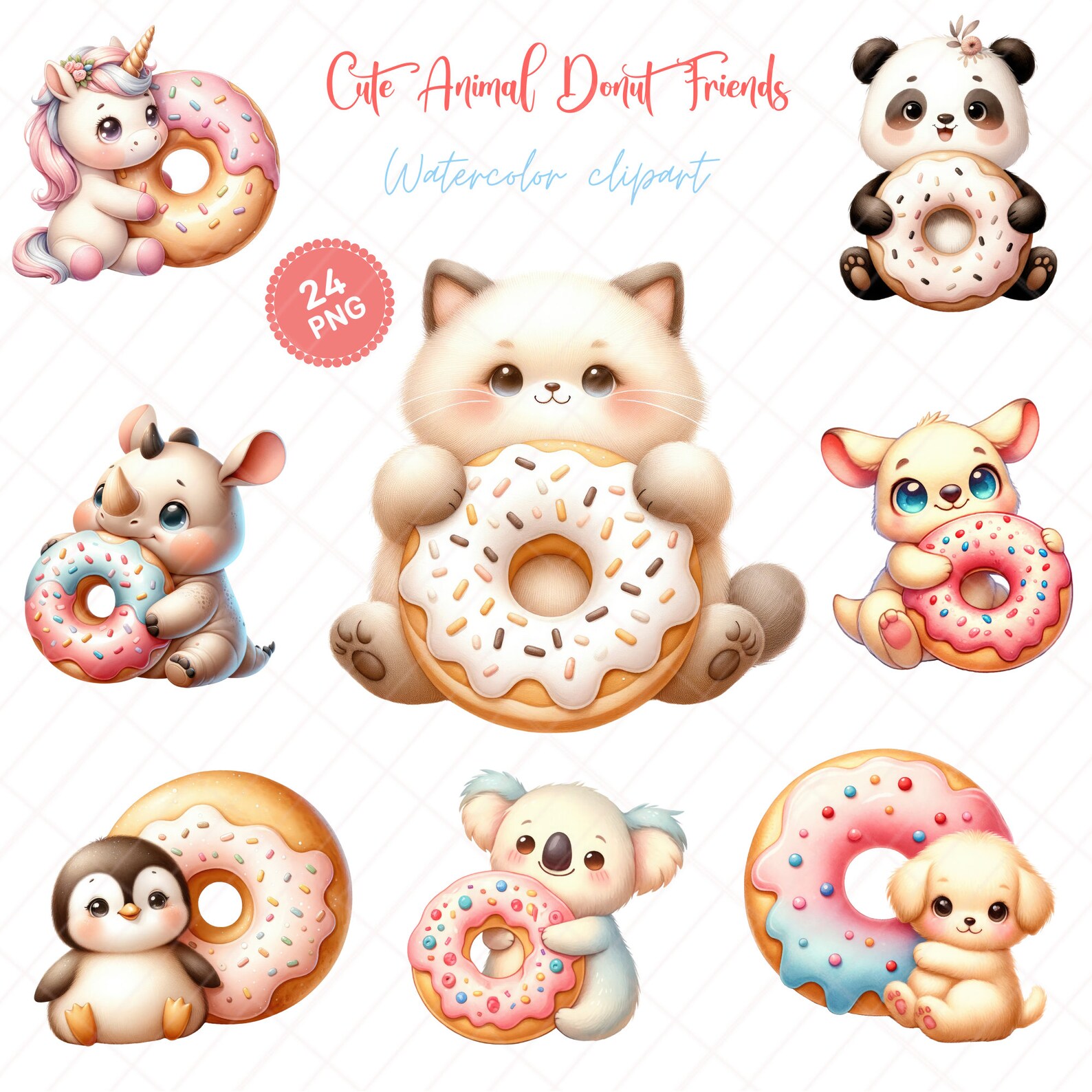 Animals Donuts Clipart Watercolor Kawaii PNG Sweets Dessert Stickers ...