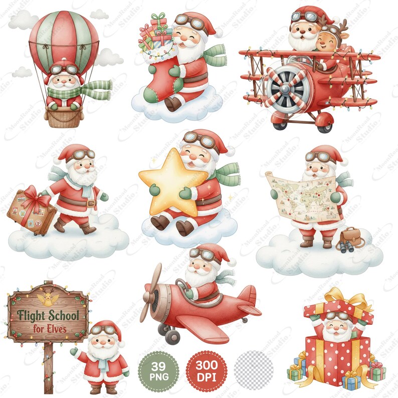 Watercolor Santa Pilot Clipart PNG Bundle, Aviation Christmas Graphics ...