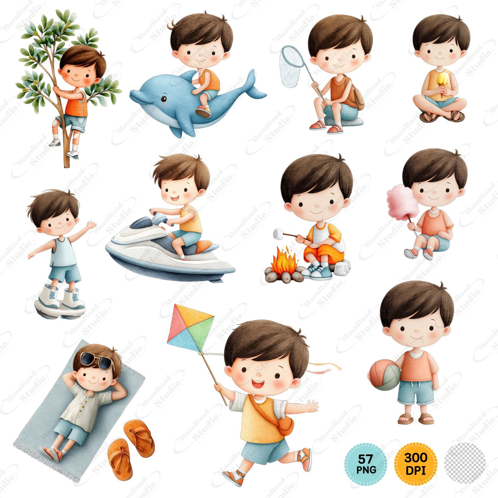 Summer Beach Boy Clipart: Tropical Vacation Illustrations (PNG, Digital ...