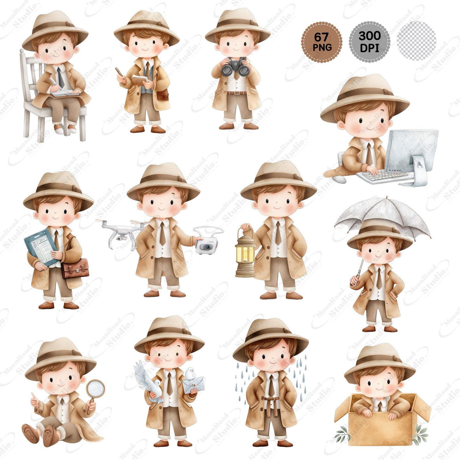 Cute Boy Detective Clipart Set, Cute Kid Investigator PNG, Little ...