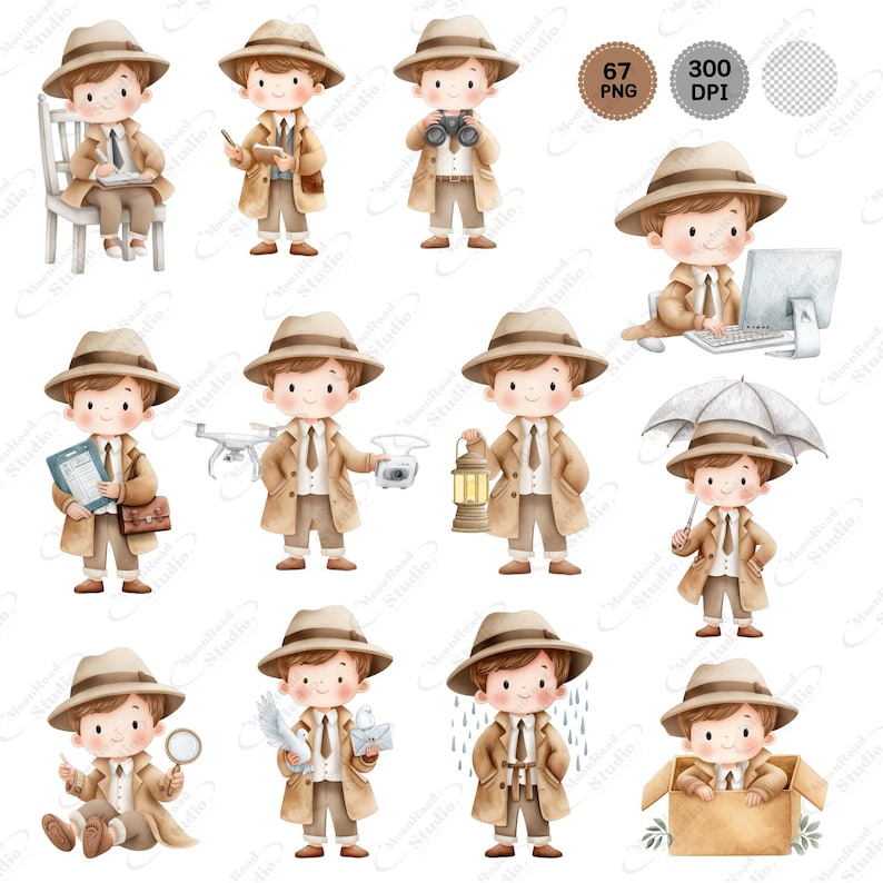 Cute Boy Detective Clipart Set, Cute Kid Investigator PNG, Little ...