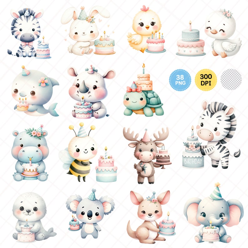 Adorable Animal Birthday Party Clipart, Cute Illustrated Panda, Giraffe ...