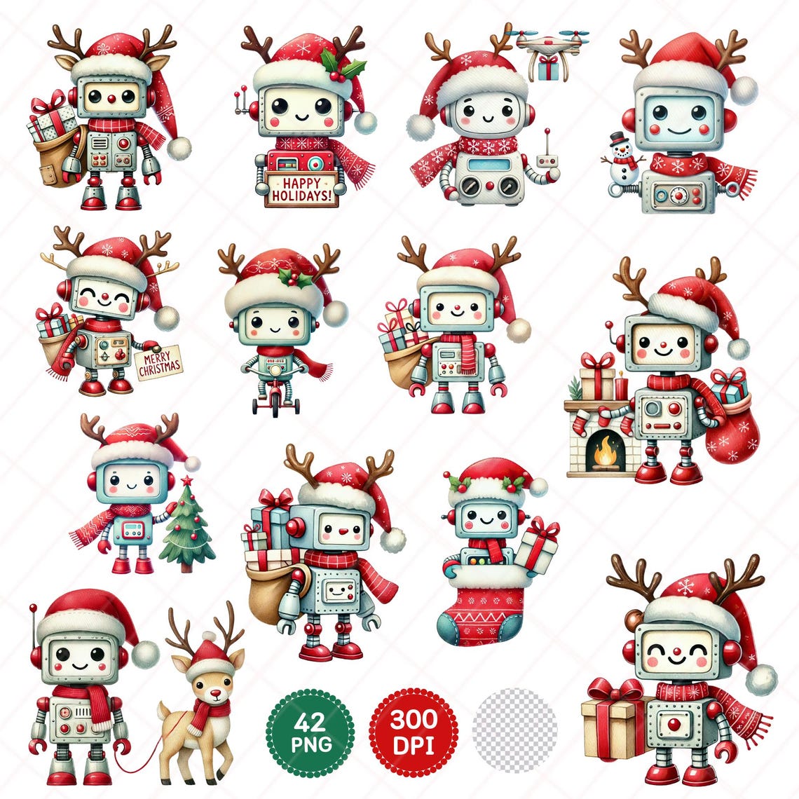 Christmas Robot Clipart Set: Santa Hats, Reindeer Antlers (PDF File) - Etsy