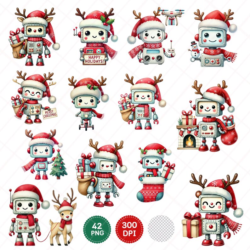 Christmas Robot Clipart Set: Santa Hats, Reindeer Antlers (PDF File) - Etsy
