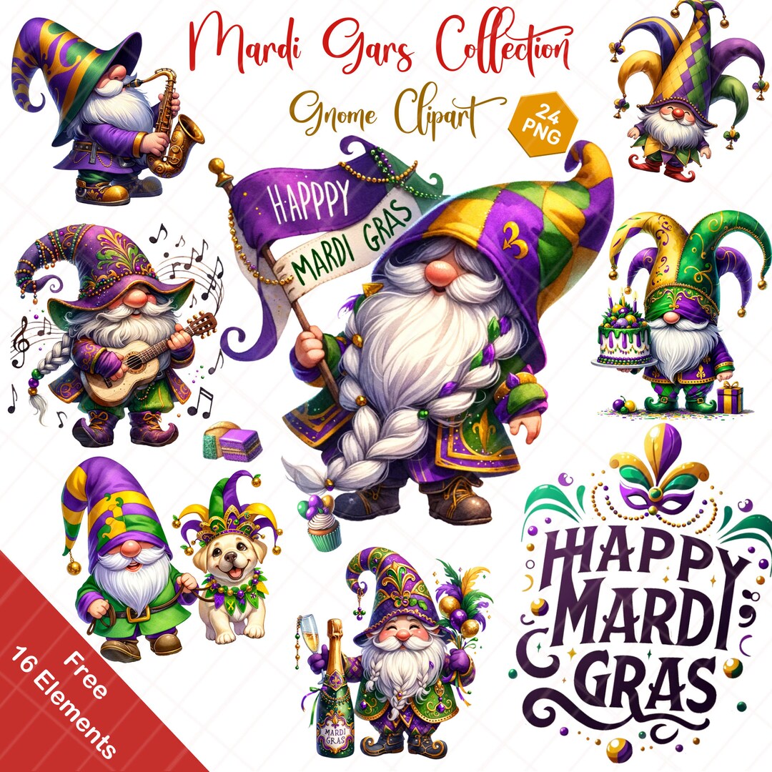Mardi Gras Gnome Clipart: Watercolor Carnival Gnomes (PNG) - Etsy