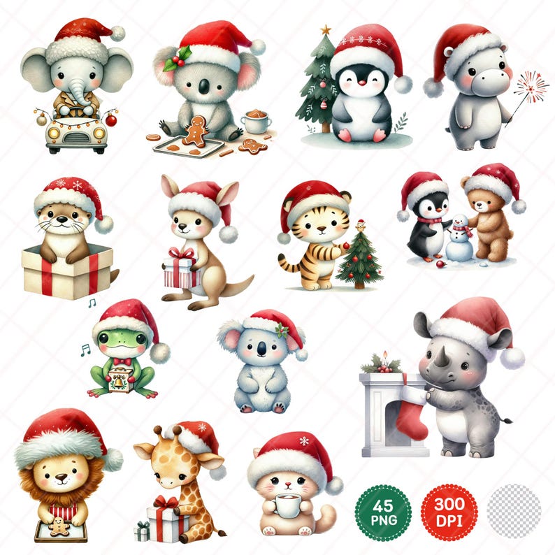 Cute Christmas Animal Clipart Bundle, Woodland Animals in Santa Hats ...