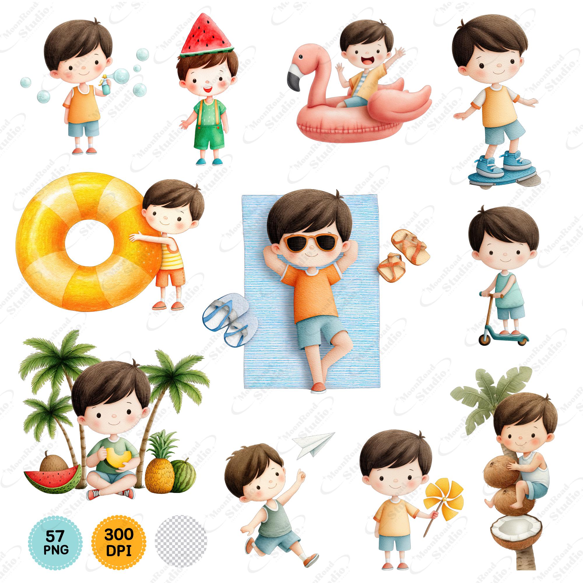 Summer Beach Boy Clipart: Tropical Vacation Illustrations (PNG, Digital ...