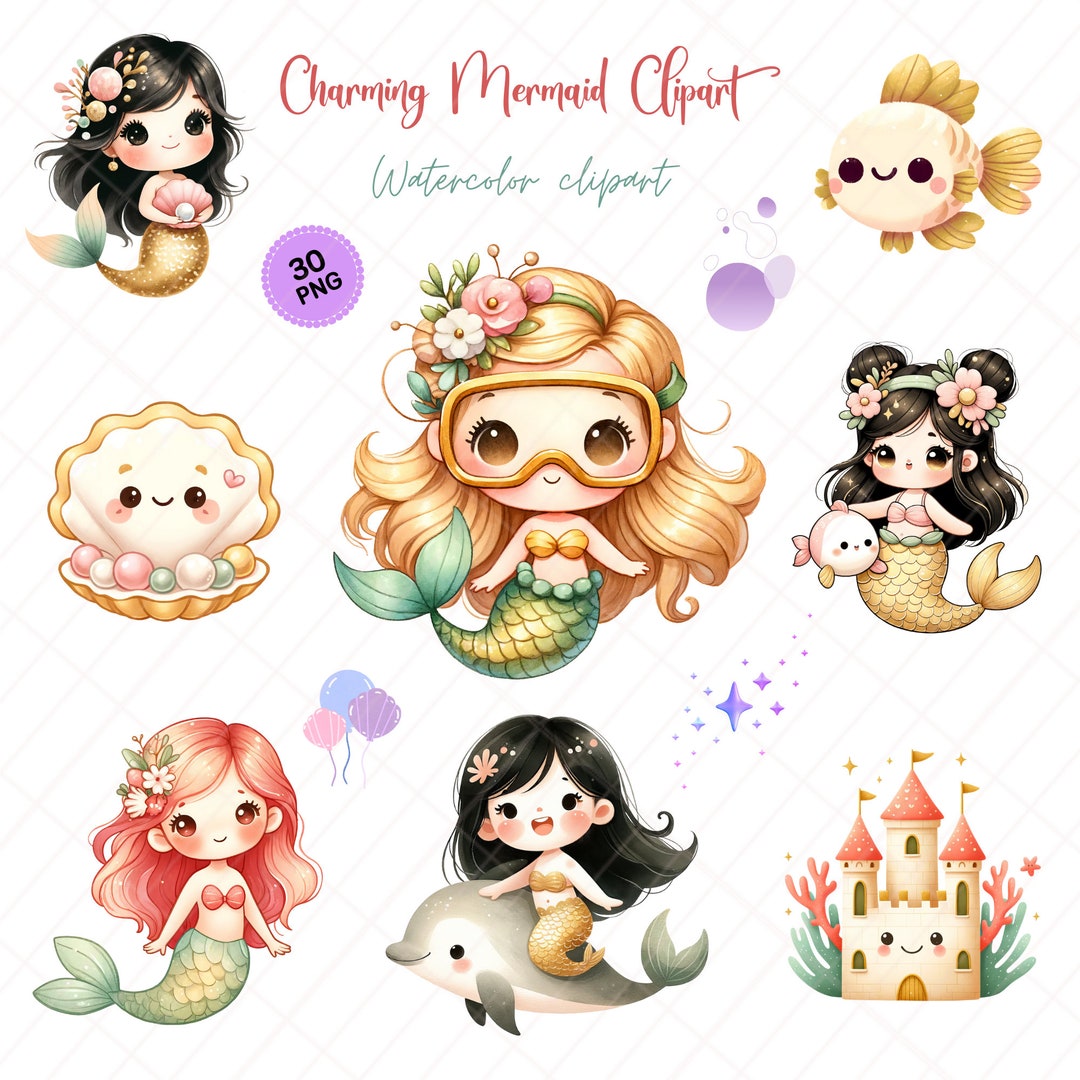 Adorable Mermaid Clipart Set, Whimsical Underwater Fantasy, Cute ...