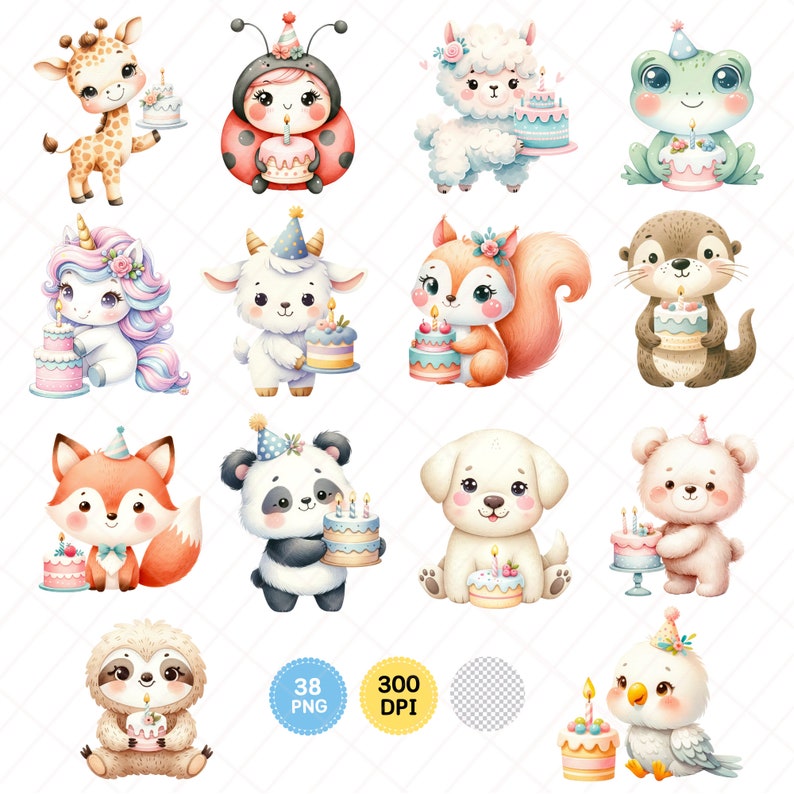 Adorable Animal Birthday Party Clipart, Cute Illustrated Panda, Giraffe ...