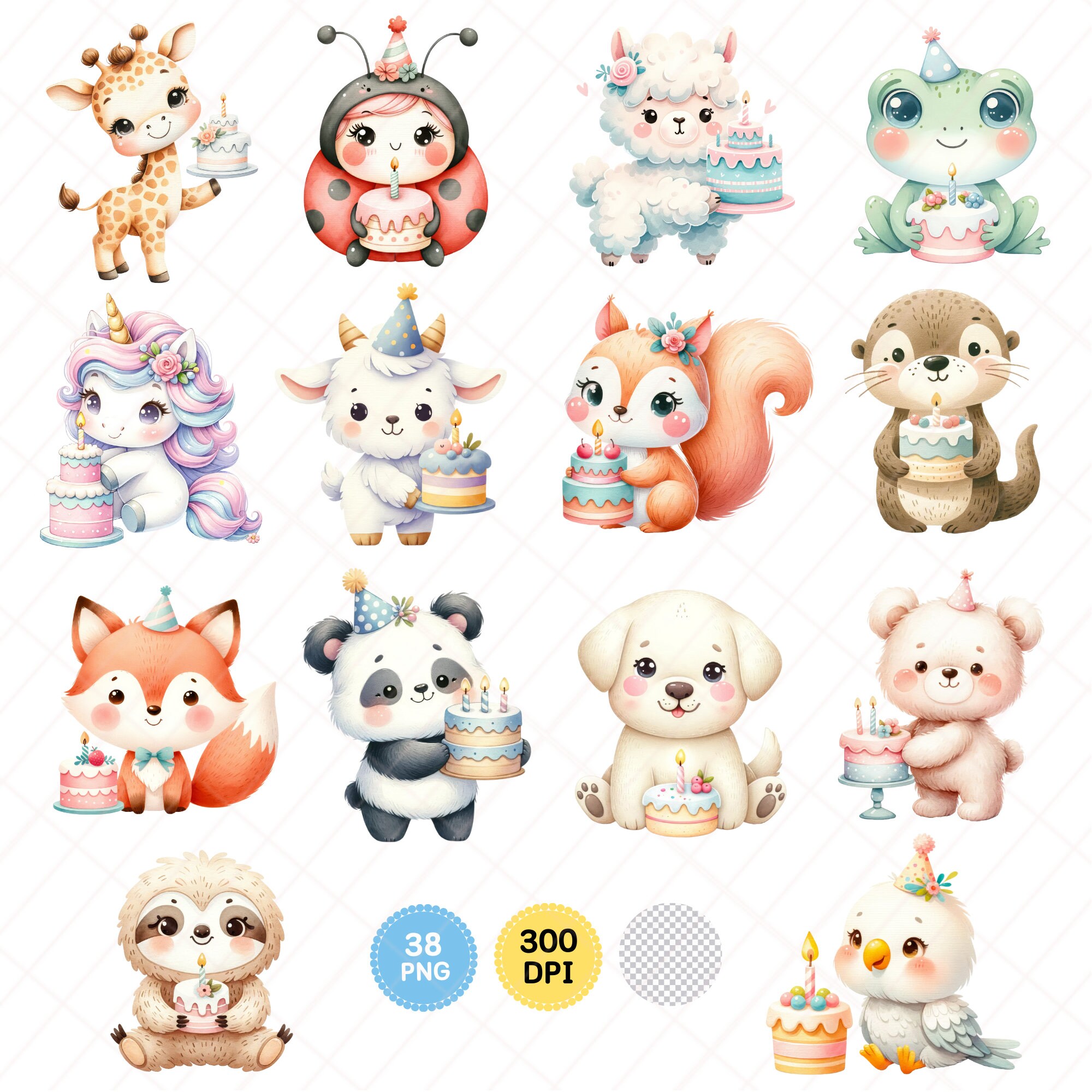 Adorable Animal Birthday Party Clipart, Cute Illustrated Panda, Giraffe ...