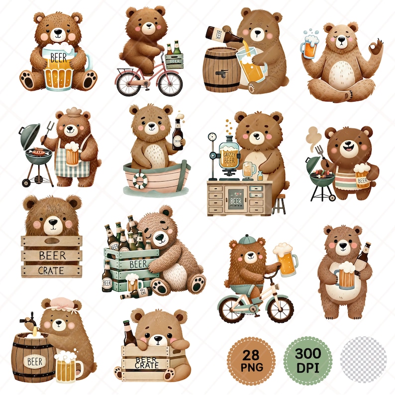 Cute Beer Loving Bear Clipart Bundle, Grizzly Bear Drinking Beer, BBQ ...
