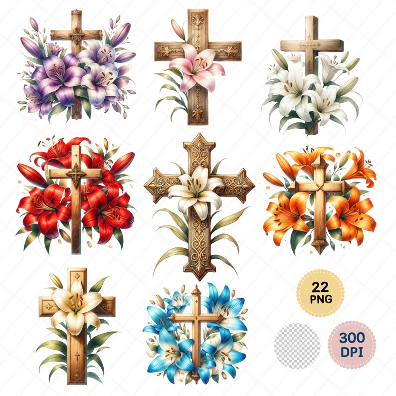 Floral Cross Clipart Bundle - Lilies and Crosses Digital Art Set, Religious Symbols PNG ...