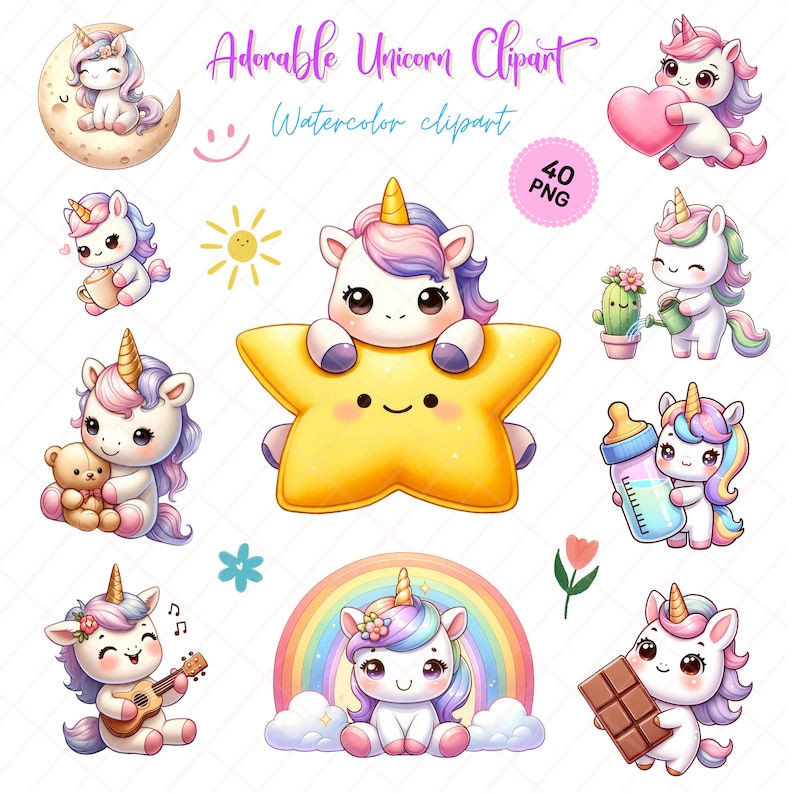 Adorable Unicorn Clipart Set, Cute Kawaii Unicorn Graphics for ...
