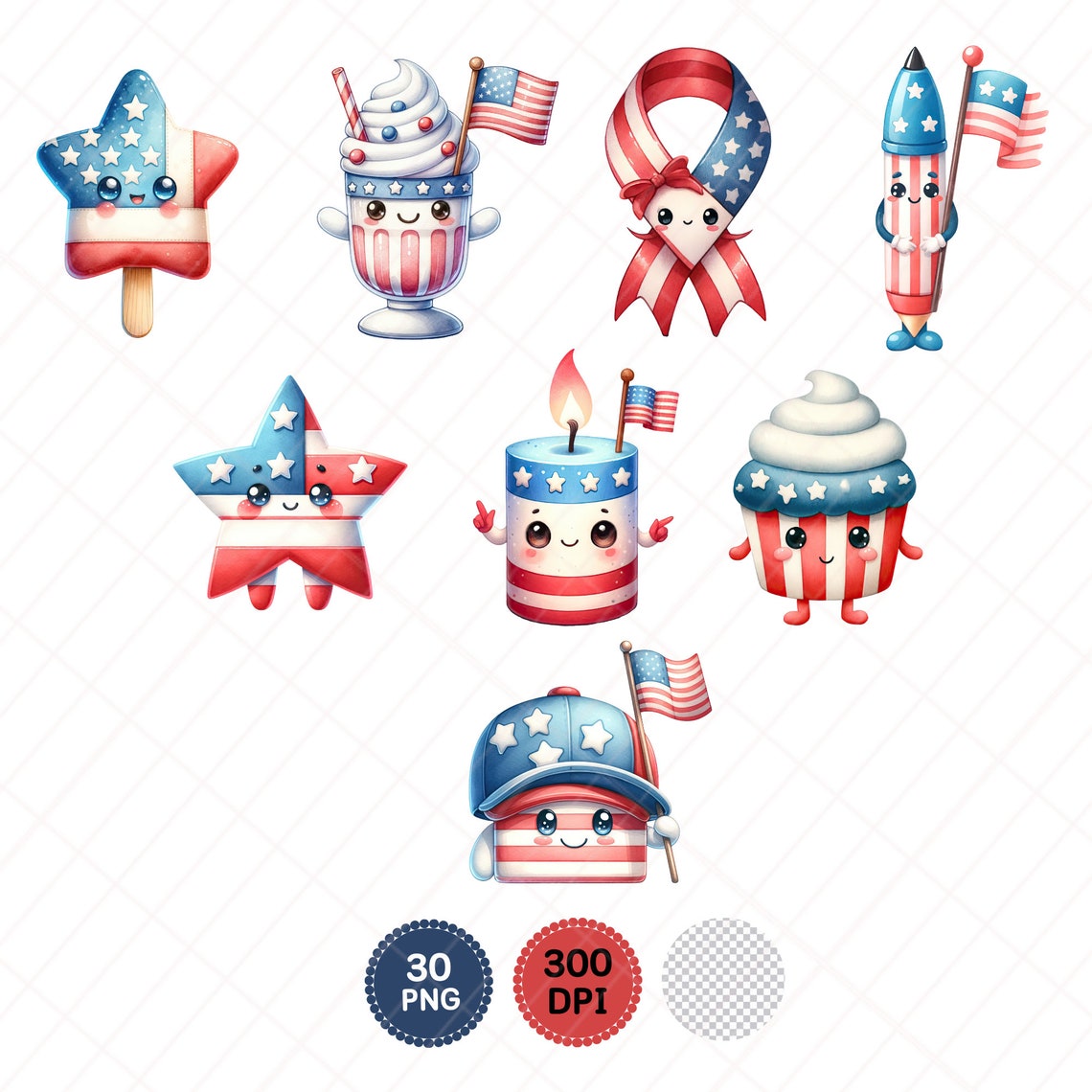 Patriotic Kawaii Clipart Bundle Cute 4th of July Digital Stickers ...