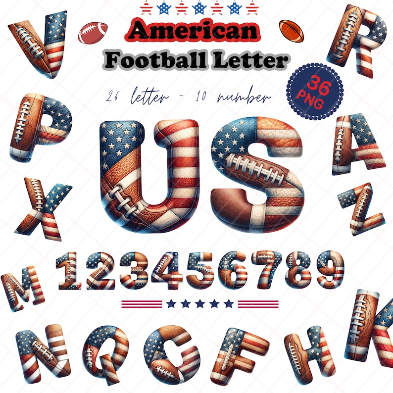 Patriotic American Football Alphabet Clipart Digital Download, Sports ...