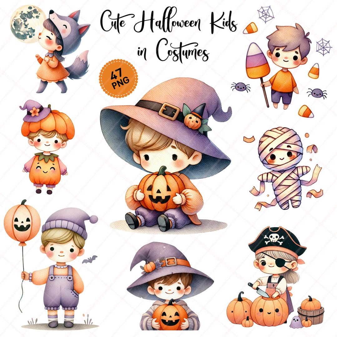 Adorable Halloween Kids in Costumes Clipart - Cute Witch, Pumpkin, and ...
