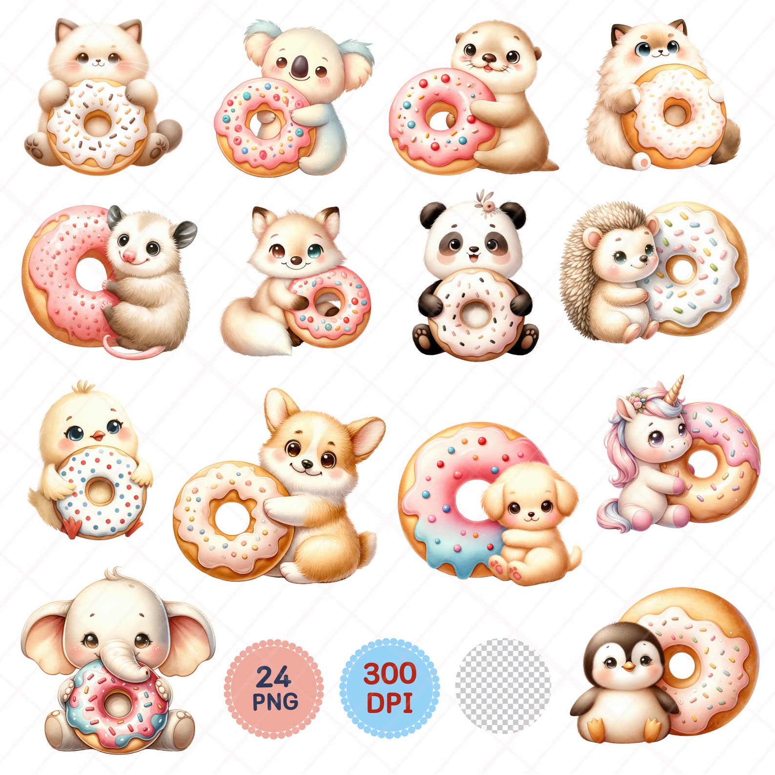 Animals Donuts Clipart Watercolor Kawaii PNG Sweets Dessert Stickers ...