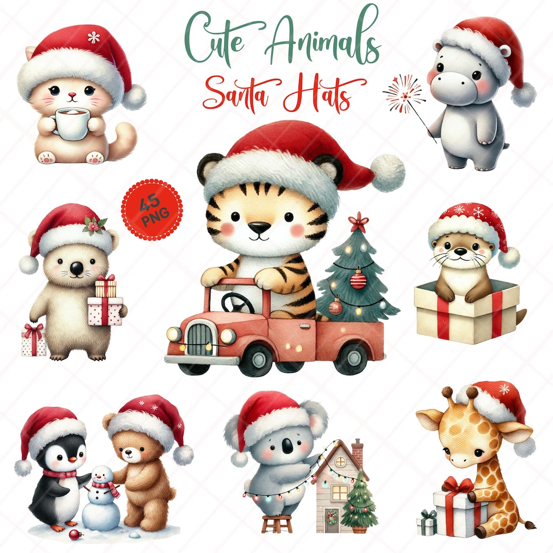 Cute Christmas Animal Clipart Bundle, Woodland Animals in Santa Hats ...