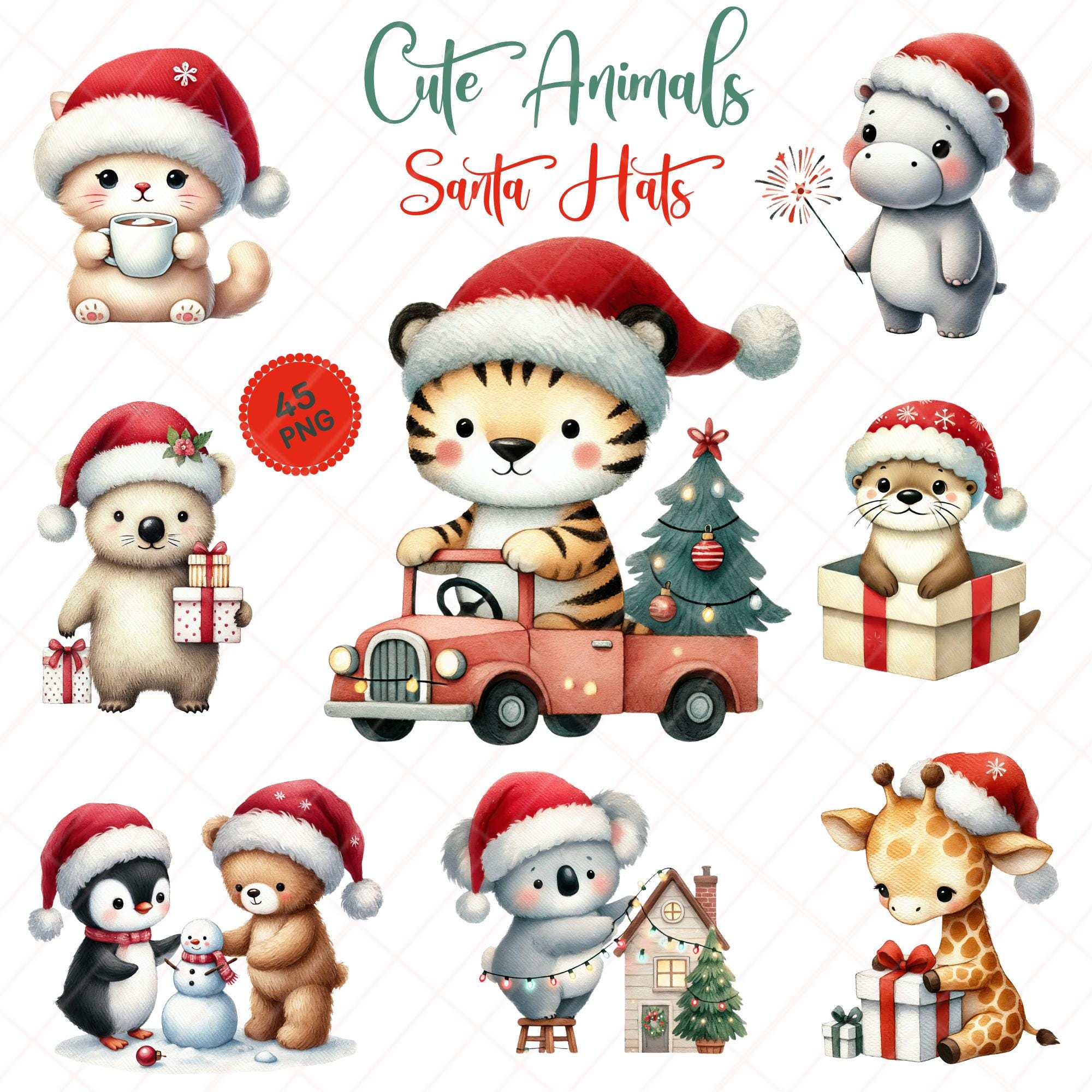 Cute Christmas Animal Clipart Bundle, Woodland Animals in Santa Hats ...