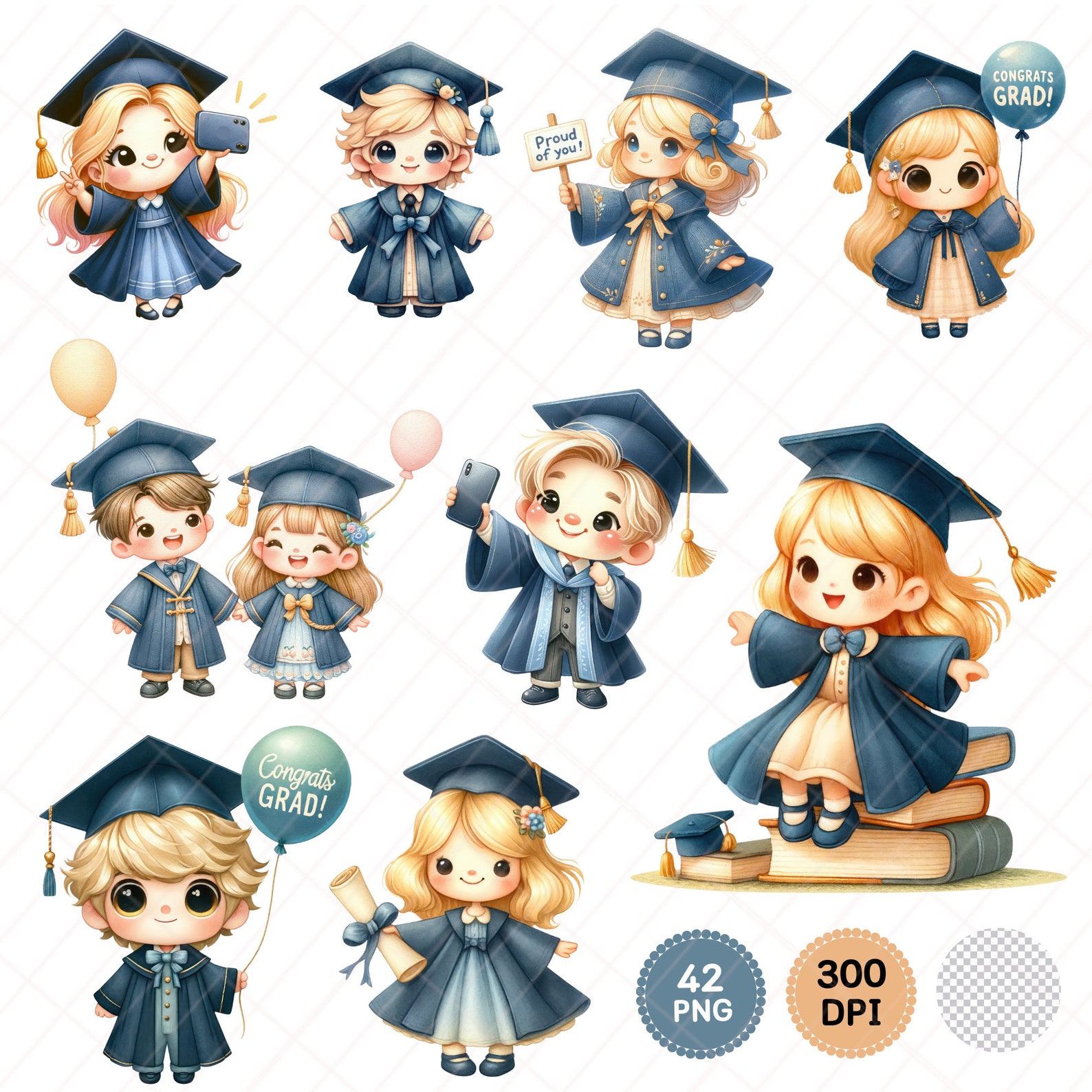 Cute graduation clipart set, Kids celebration, PNG Graphics for ...