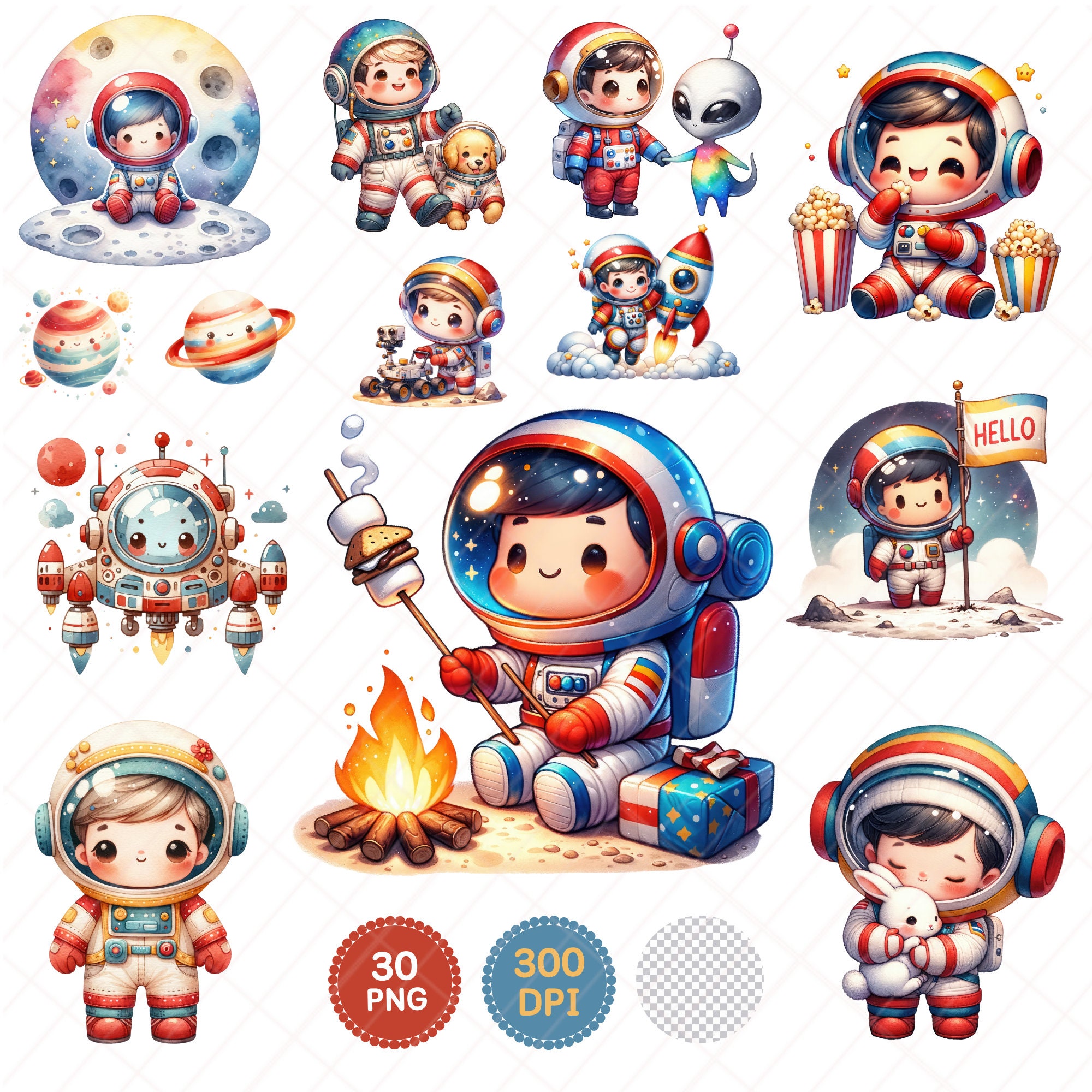 Adorable Astronaut and Robot Watercolor Clipart Set, Space Explorer ...