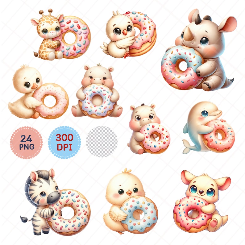 Animals Donuts Clipart Watercolor Kawaii PNG Sweets Dessert Stickers ...