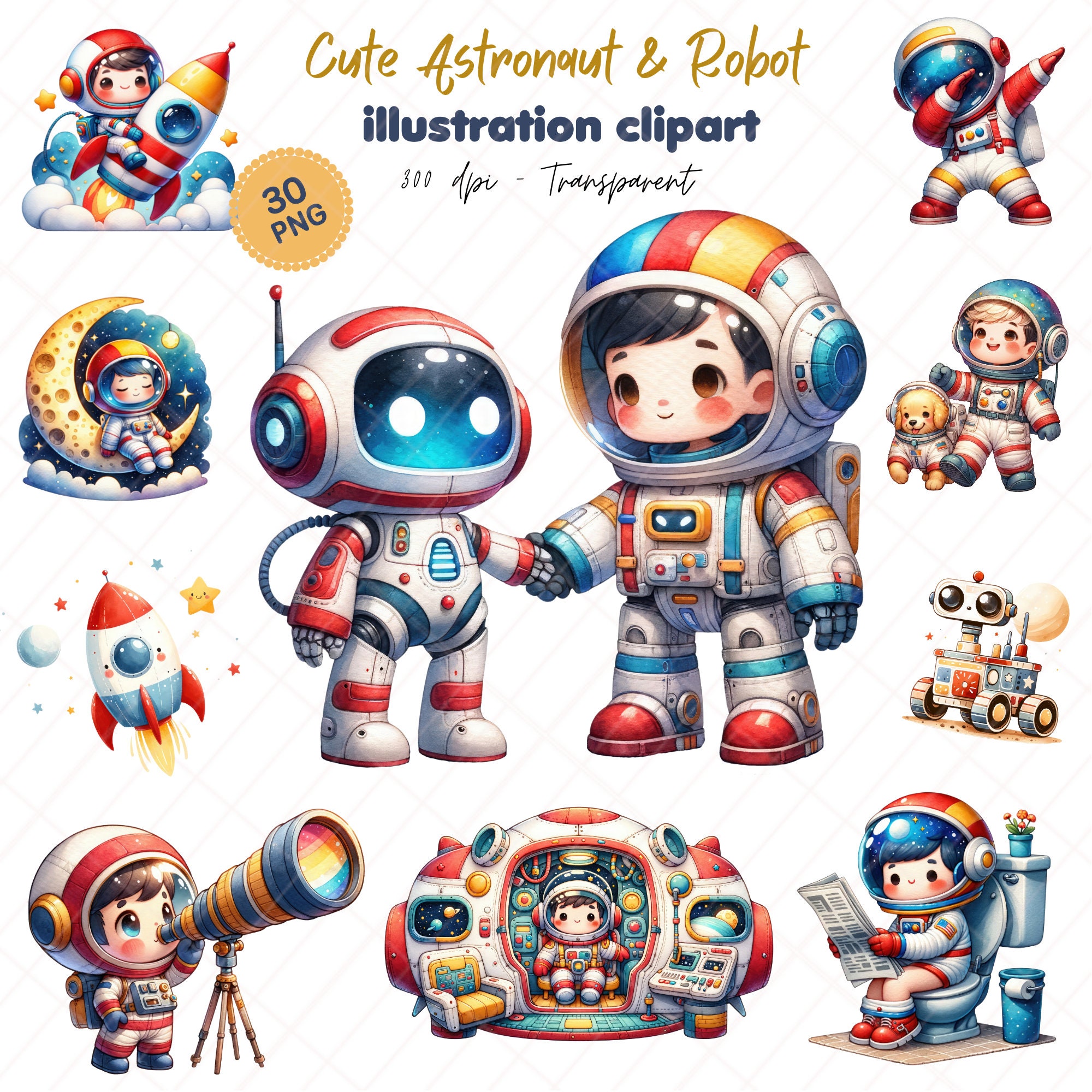 Adorable Astronaut and Robot Watercolor Clipart Set, Space Explorer ...