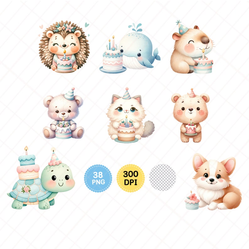 Adorable Animal Birthday Party Clipart, Cute Illustrated Panda, Giraffe ...