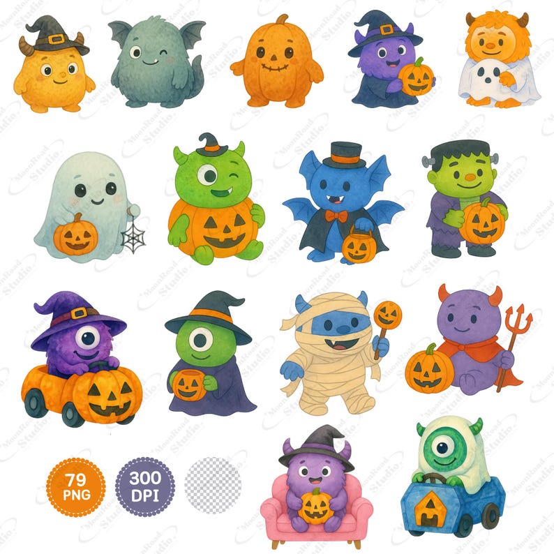 Cute Halloween Monster Clipart Bundle, Kawaii Trick-or-treat Characters ...